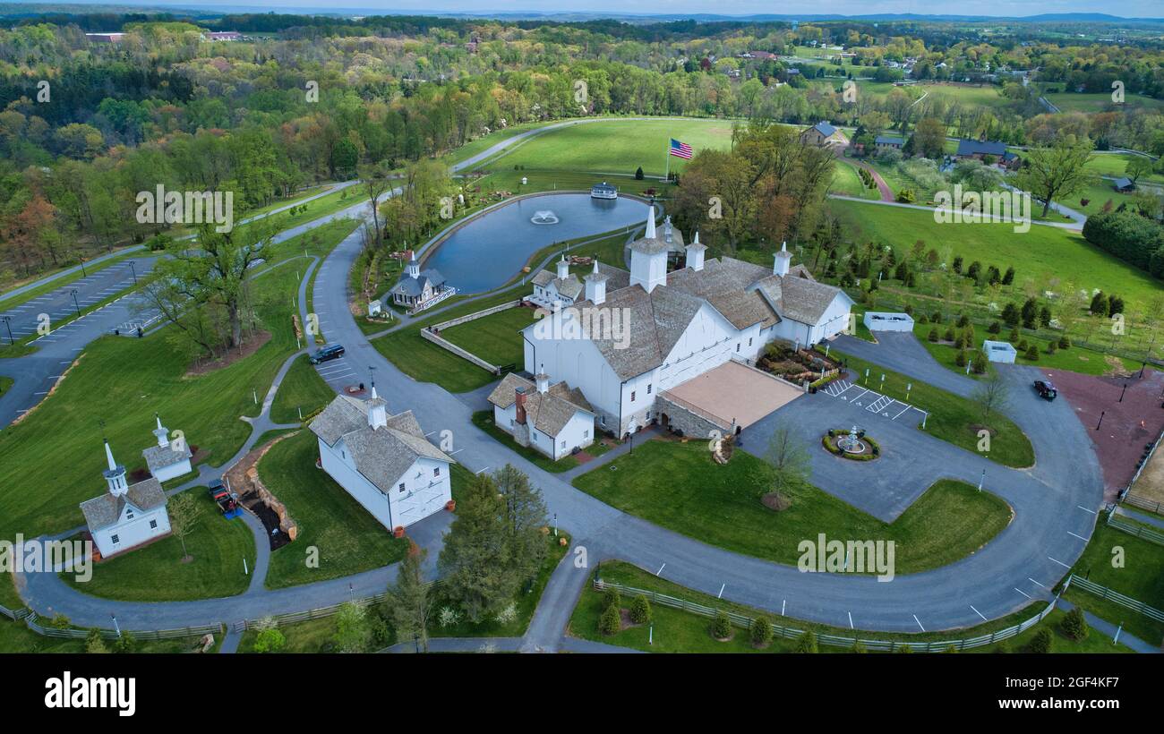 Aerial View of Restored Barns and Surrounding Buildings on a Beautiful ...