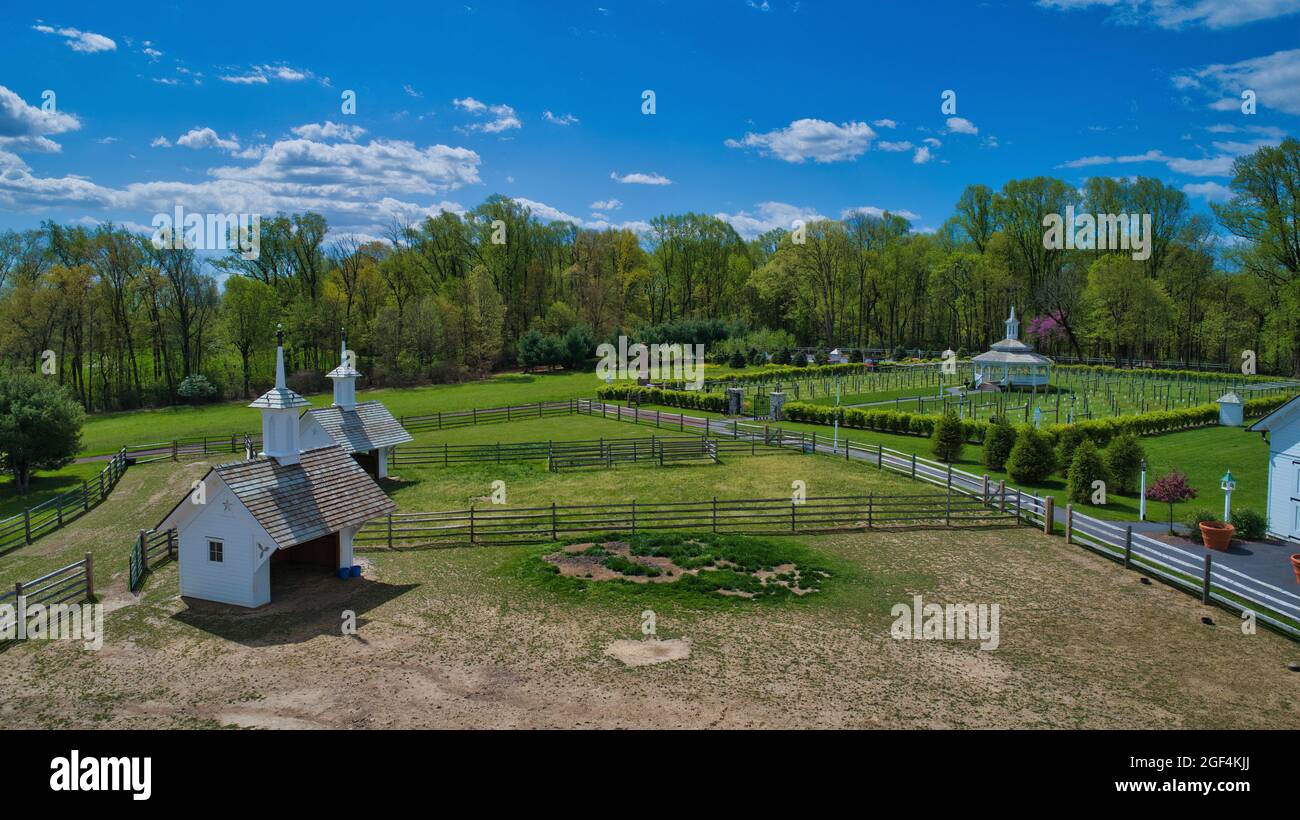 Aerial View of Restored Barns and Surrounding Buildings on a Beautiful ...