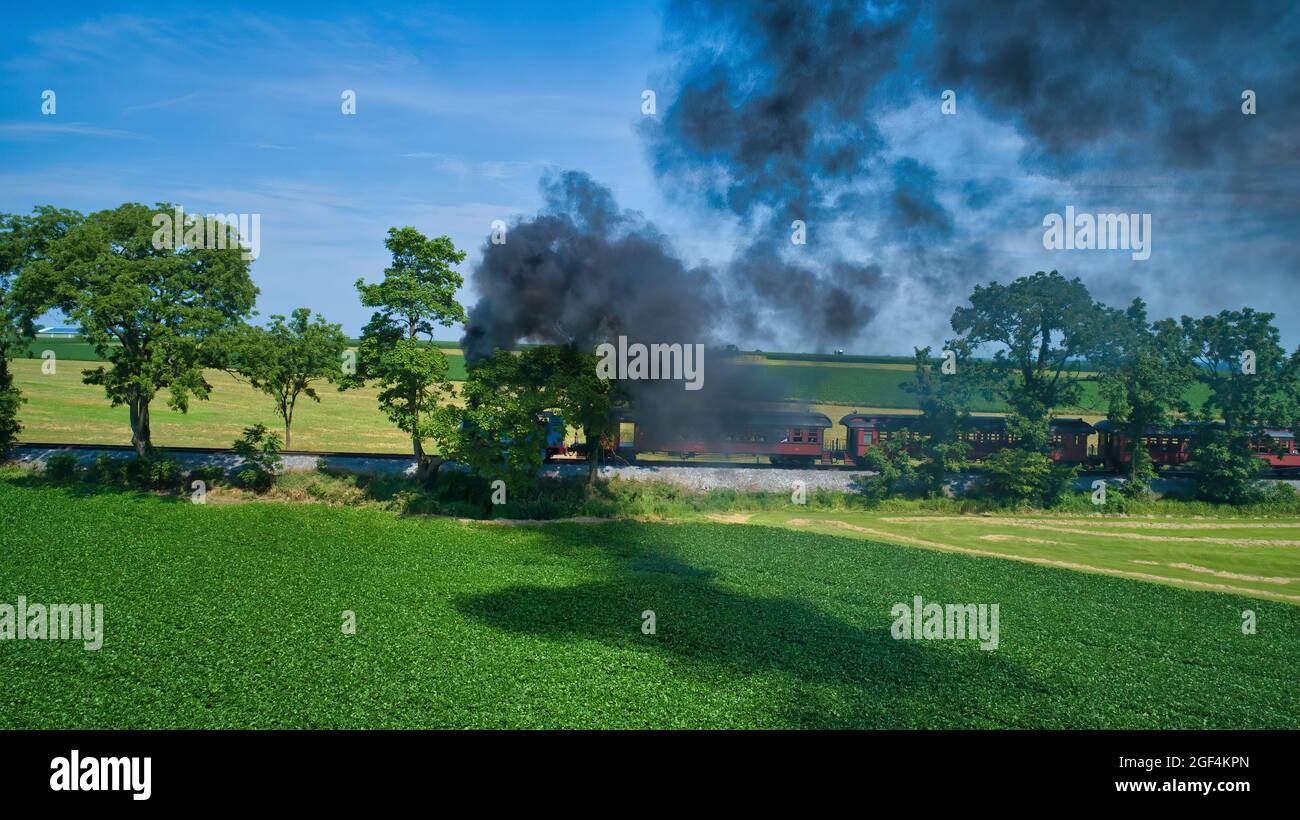 Aerial View of Thomas the Tank Engine Approaching Thru Trees and ...