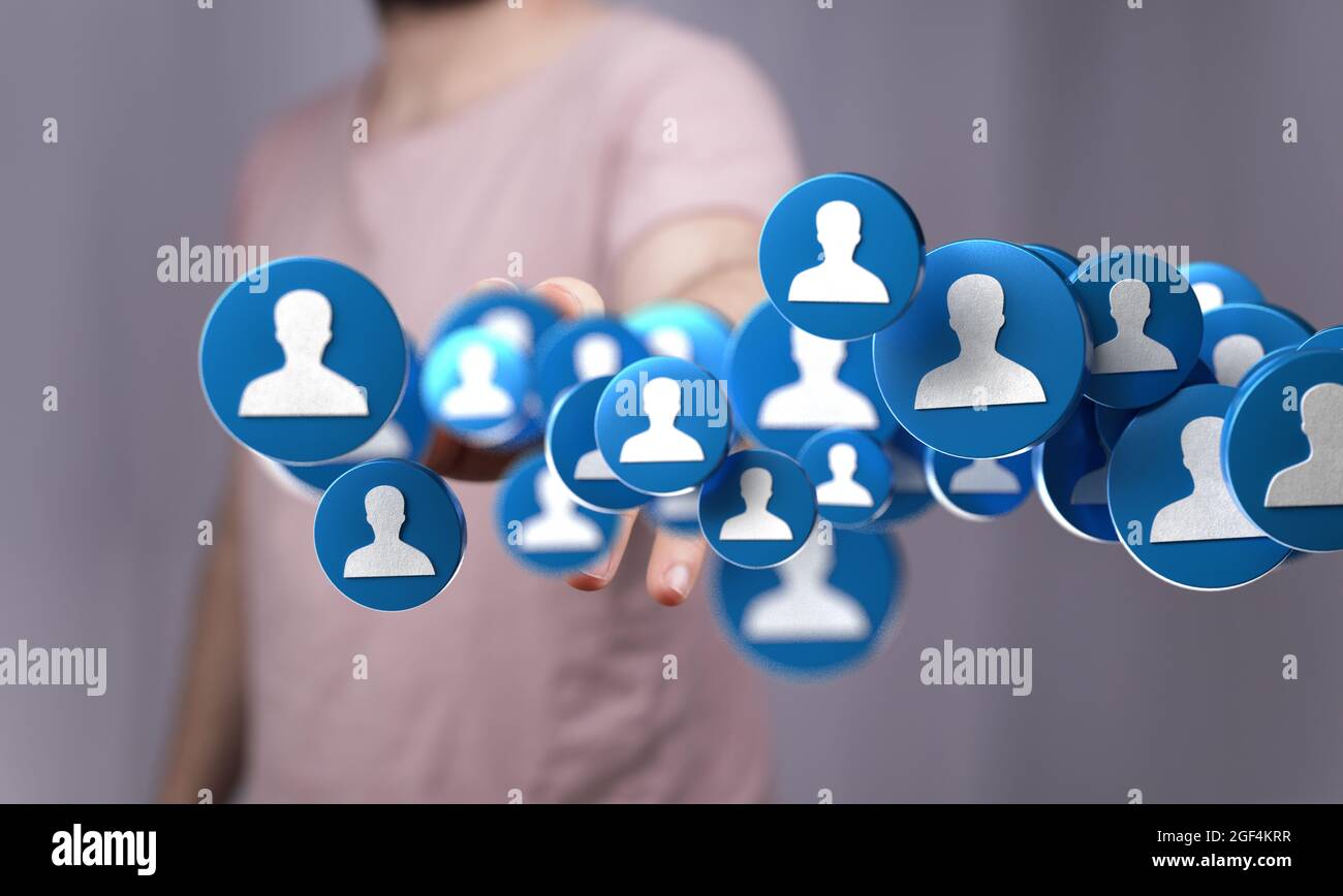 Person presenting 3D render of network with Business and communications ...
