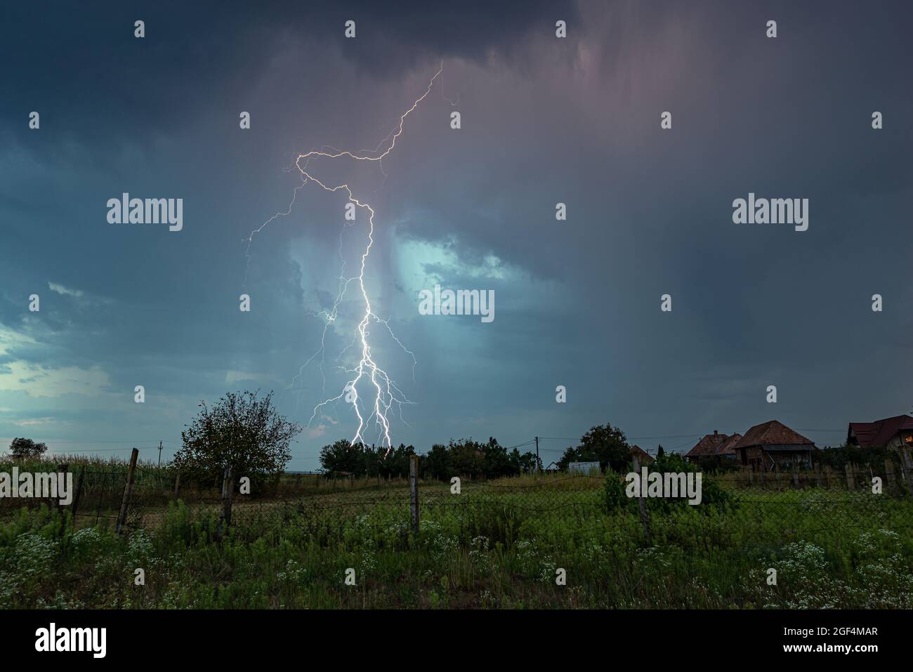 Forked lightning strikes in a rural landscape Stock Photo - Alamy