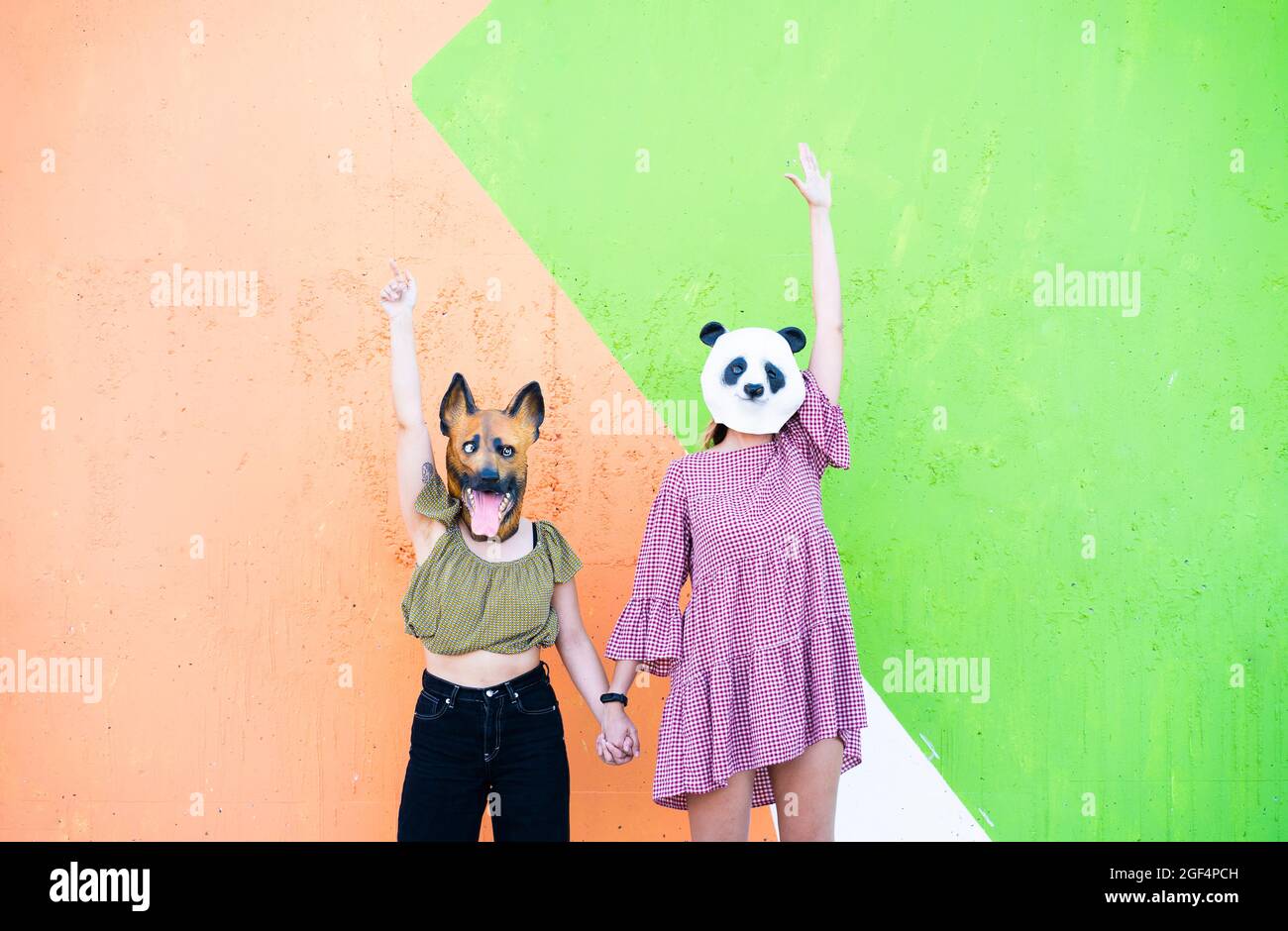 Female friends with hands raised wearing animal masks in front of ...