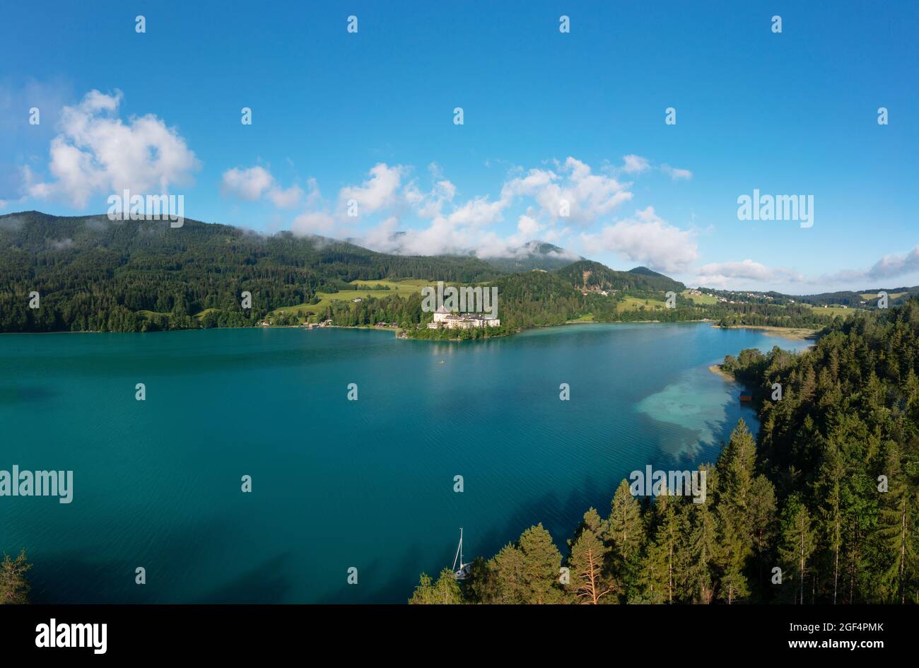 Austria, Salzburg, Hof bei Salzburg, Drone view of Lake Fuschl in ...