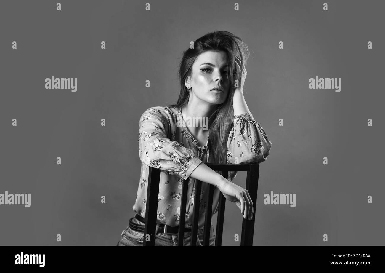 Languid look. Relaxed pose. Just relaxing. Woman beautiful face. Female ...