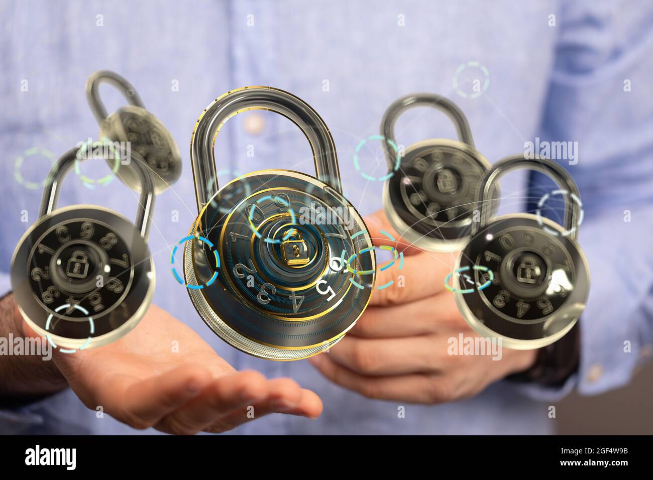 Person presenting the 3D render of digital locks - cybersecurity and ...