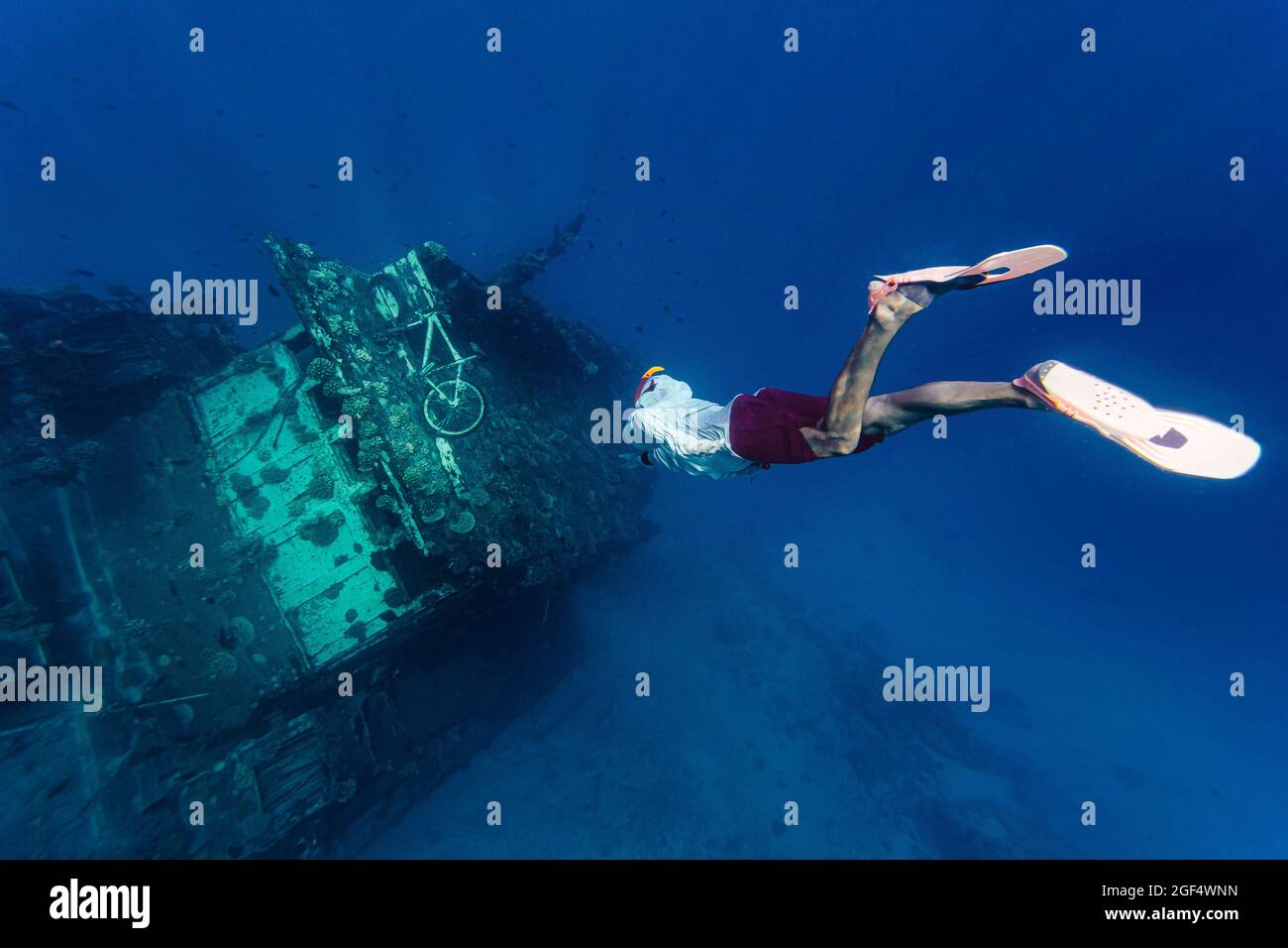 Man swimming towards damaged ship undersea Stock Photo - Alamy