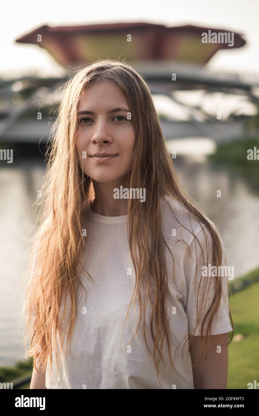 Close-up portrait of attractive caucasian woman with cute smile. Beauty ...