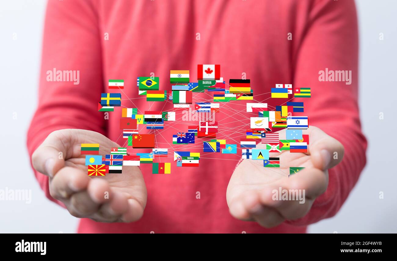 Person presenting the 3D render of various national flags - global ...