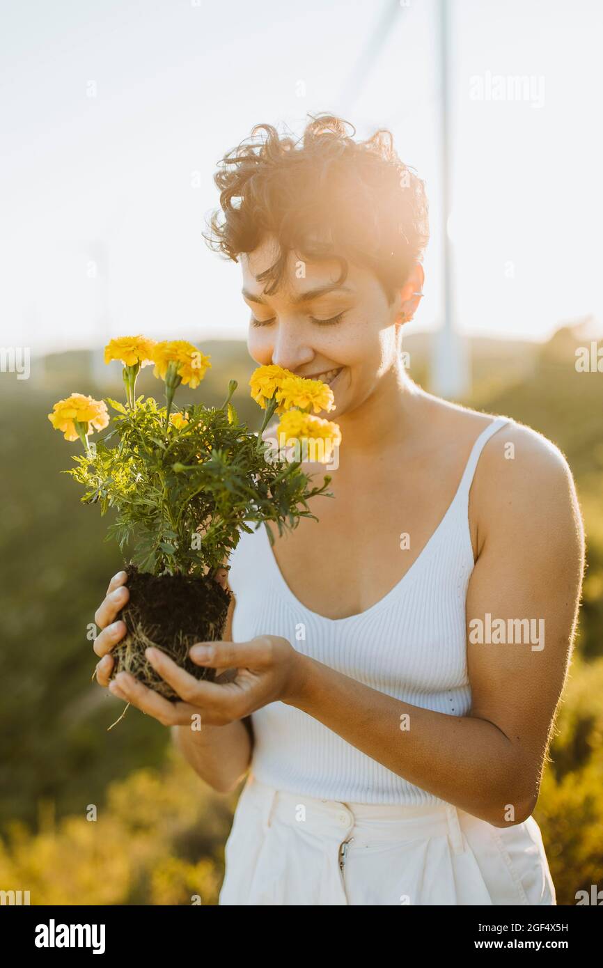 Woman smelling flowers on plant hi-res stock photography and images - Alamy
