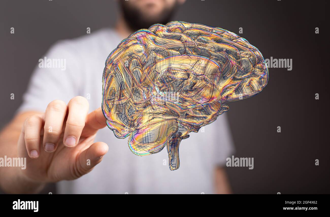 Person presenting a 3D render of human brain - IQ testing and ...