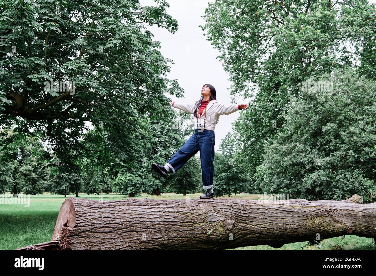 Carefree young woman balancing on log in public park Stock Photo - Alamy