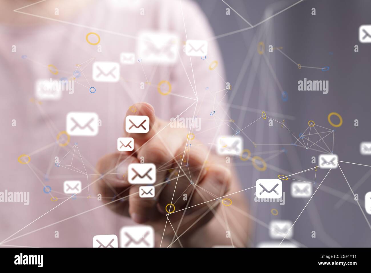 Man touching the virtual 3D message icons symbolizing customer service ...