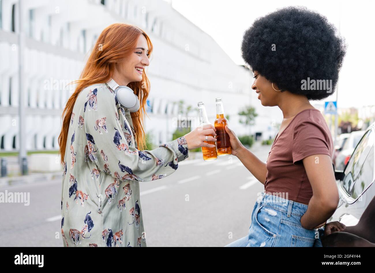 Female friends raising toasts at roadside Stock Photo - Alamy