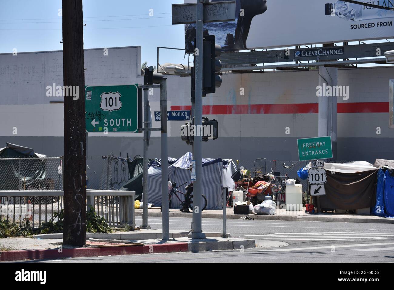 Los Angeles, CA USA - June 30, 2021: Homeless encampment along the ...