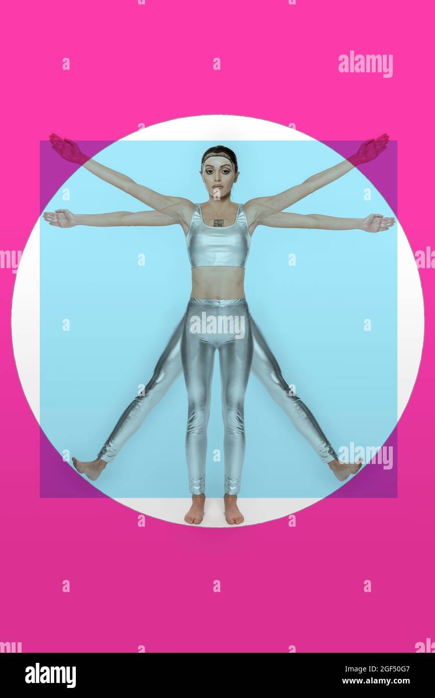 Robotic young woman in Vitruvian position over pink background Stock ...