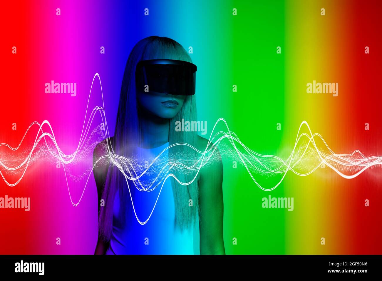 White wave pattern over woman wearing visor glasses against colored ...