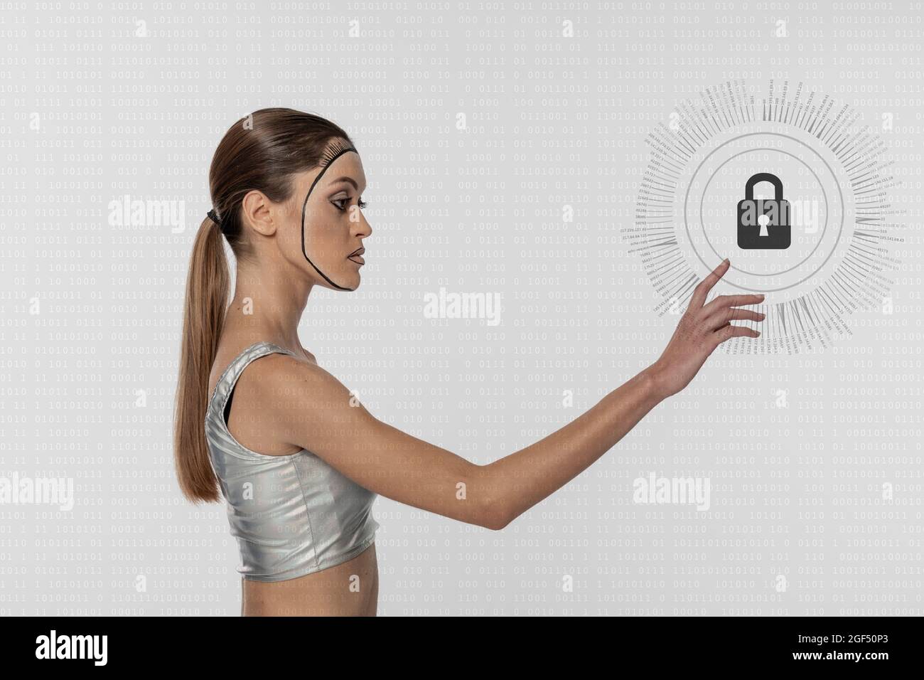 Robot young woman touching lock icon against white background Stock ...