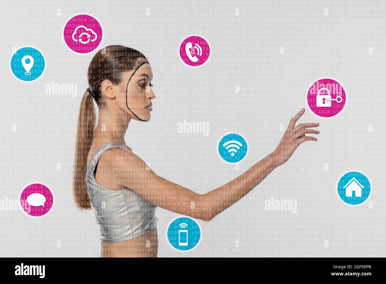 Cyborg woman touching lock icon over white background Stock Photo - Alamy