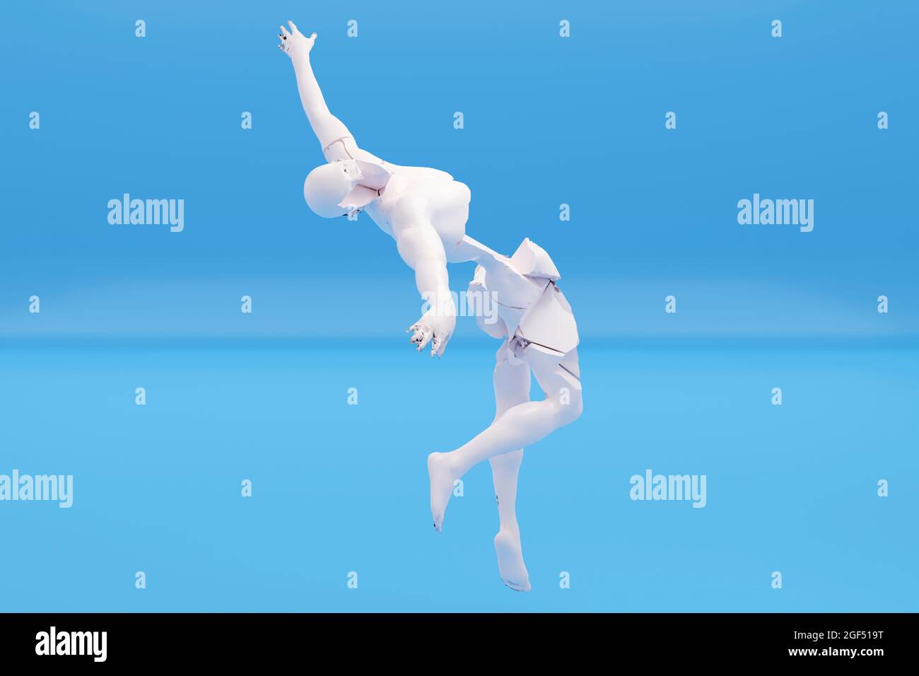 Three dimensional render of broken human figure falling down against ...