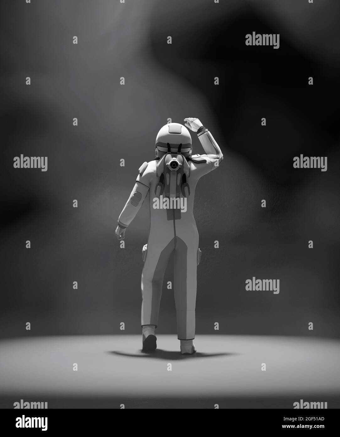 Three dimensional render of astronaut standing in dusty environment ...