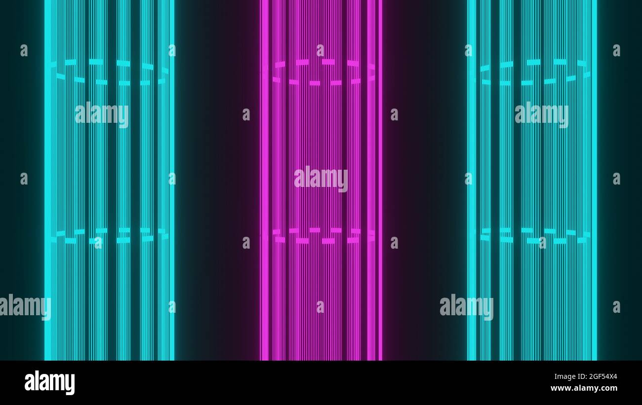 3D rendering of turquoise and purple neon light columns in the black ...