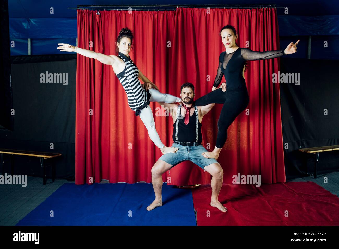 Female performer stretching while standing on male acrobat at circus Stock Photo - Alamy