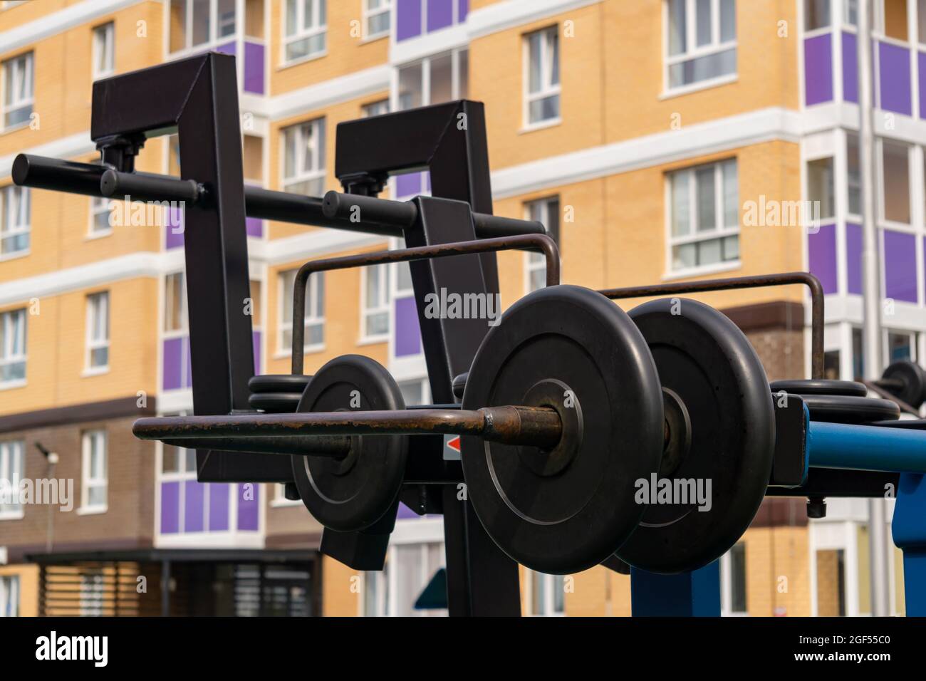 public exercise weight machine close-up in the yard of a modern ...