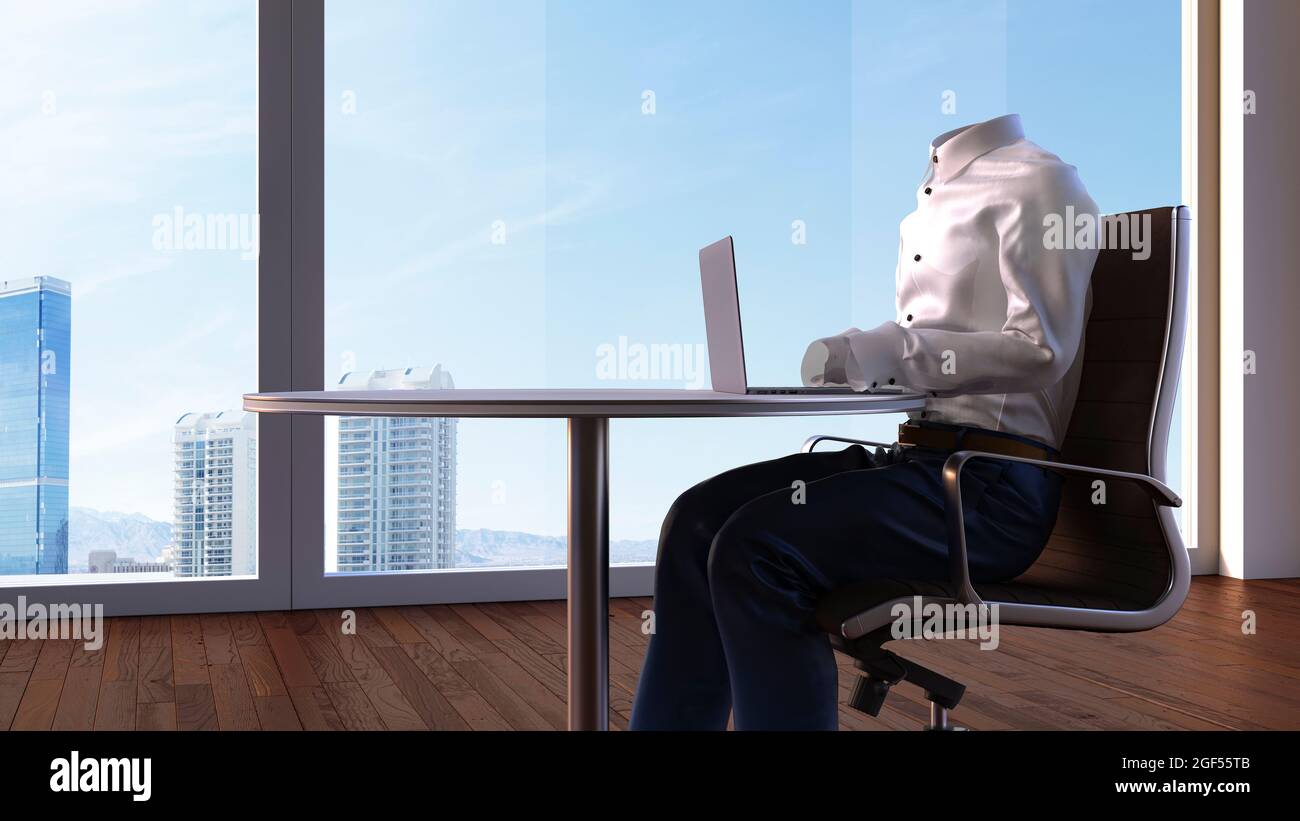 Three dimensional render of invisible person working on laptop in ...