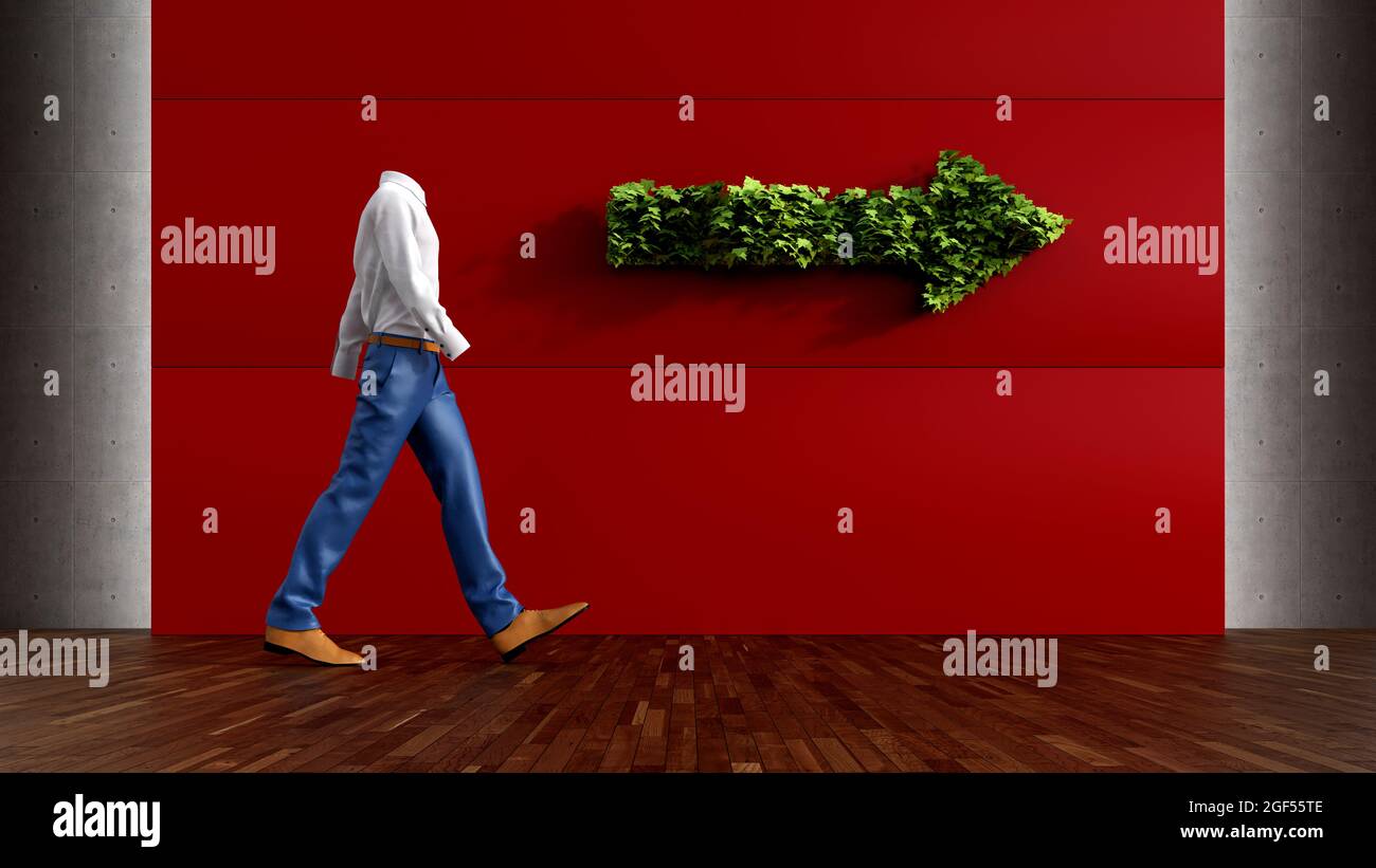 Three dimensional render of invisible person walking past red wall with ...