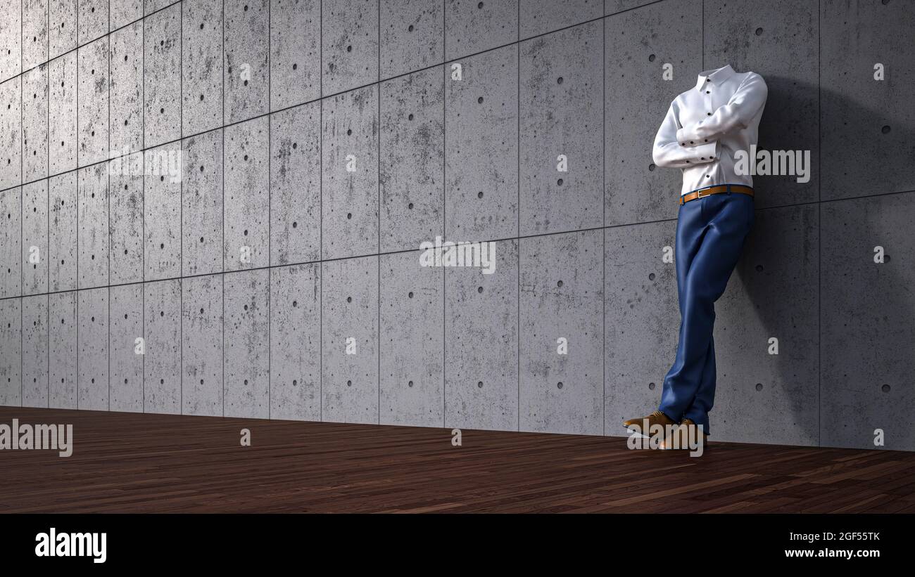 Three dimensional render of invisible person leaning against concrete ...