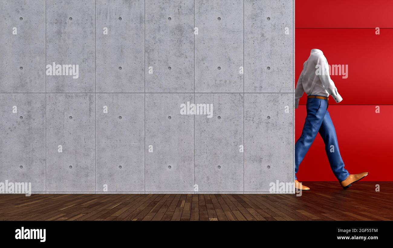Three dimensional render of invisible person walking past concrete wall ...