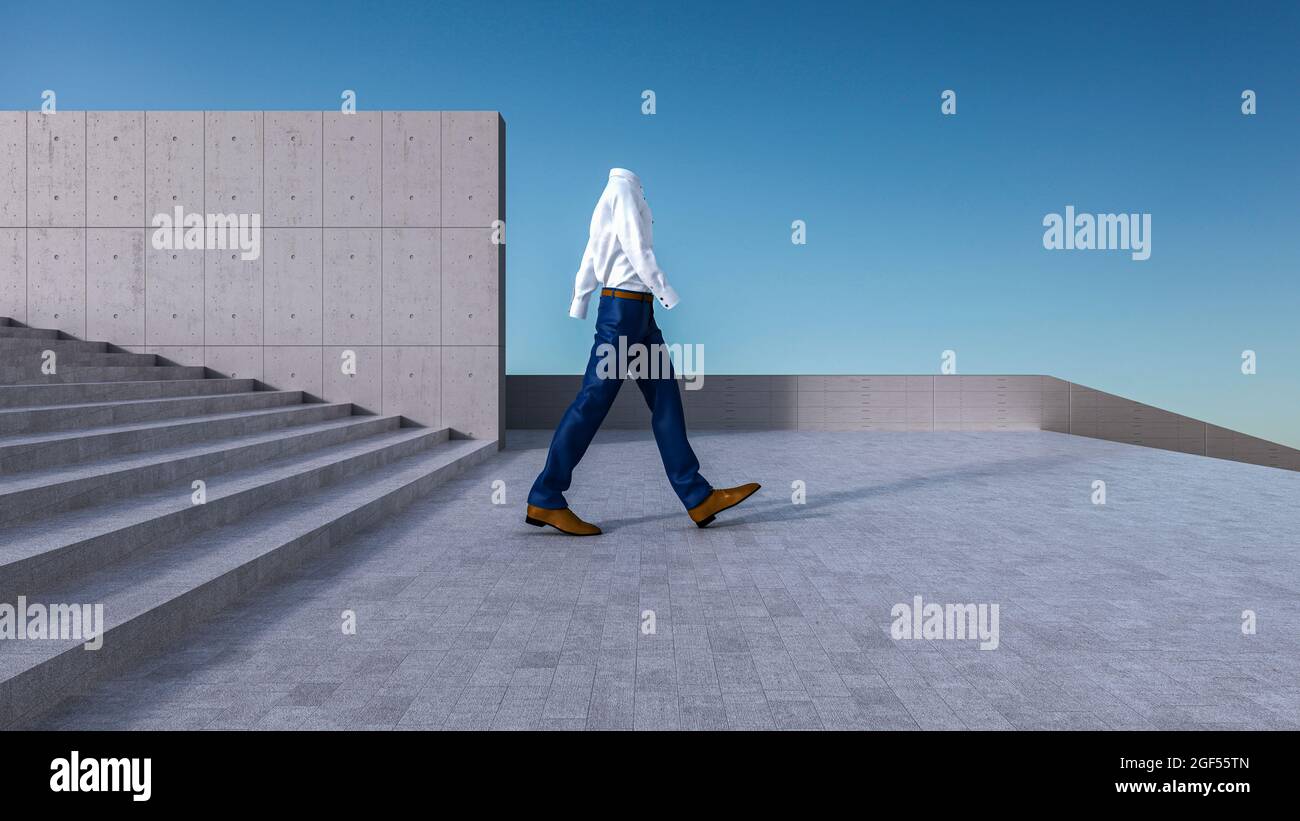 Three dimensional render of invisible person walking down concrete ...