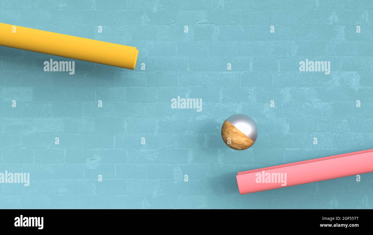 Three dimensional render of small sphere bouncing between two pipes ...