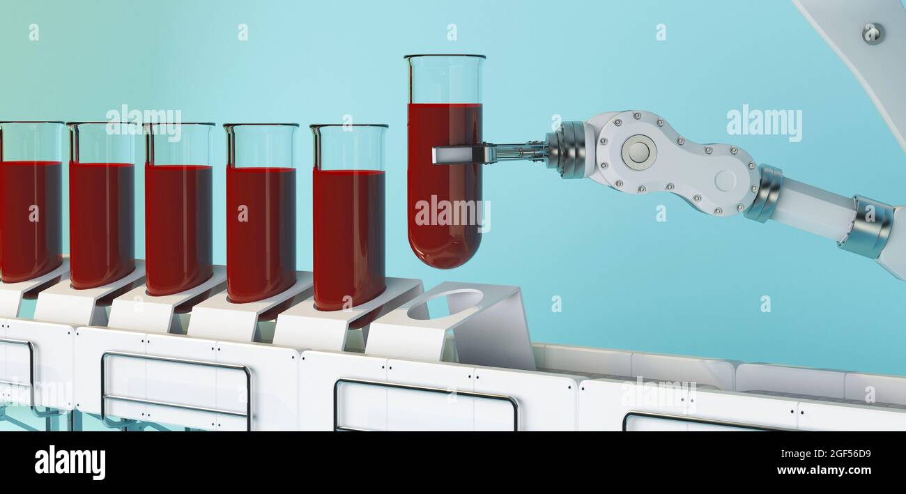 robotic arm puts test tube of blood on the conveyor. 3d rendering Stock ...
