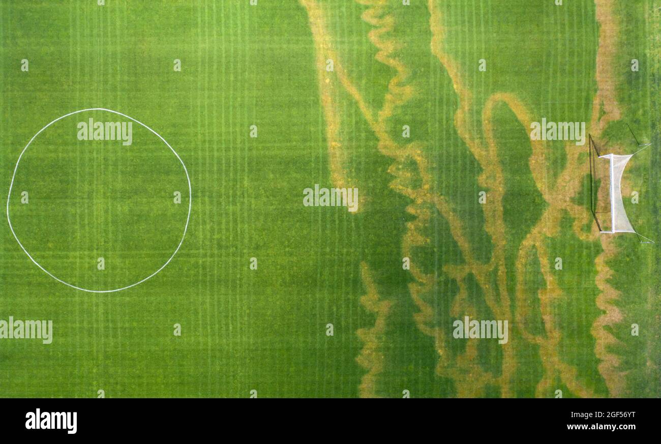Damaged lawn grass on the football field. View from the drone ...