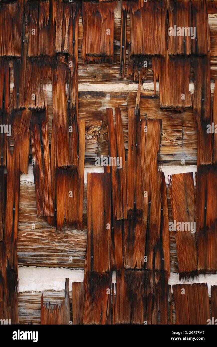 Decayed wooden boards on the siding of an abandoned building in a ...