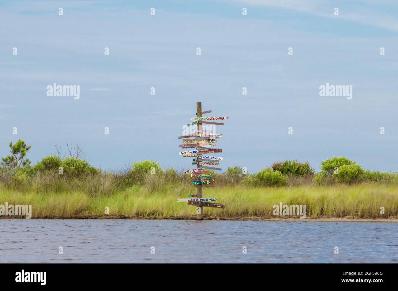 A wooden signpost with many handmade and hand painted signs along the ...