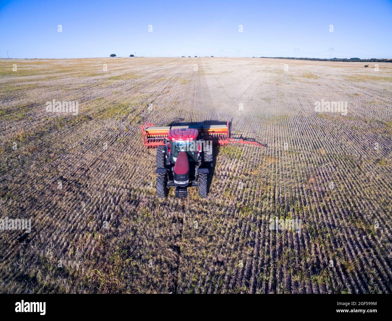 Aerial view of a tractor in direct sowing, in the Argentine field, La ...