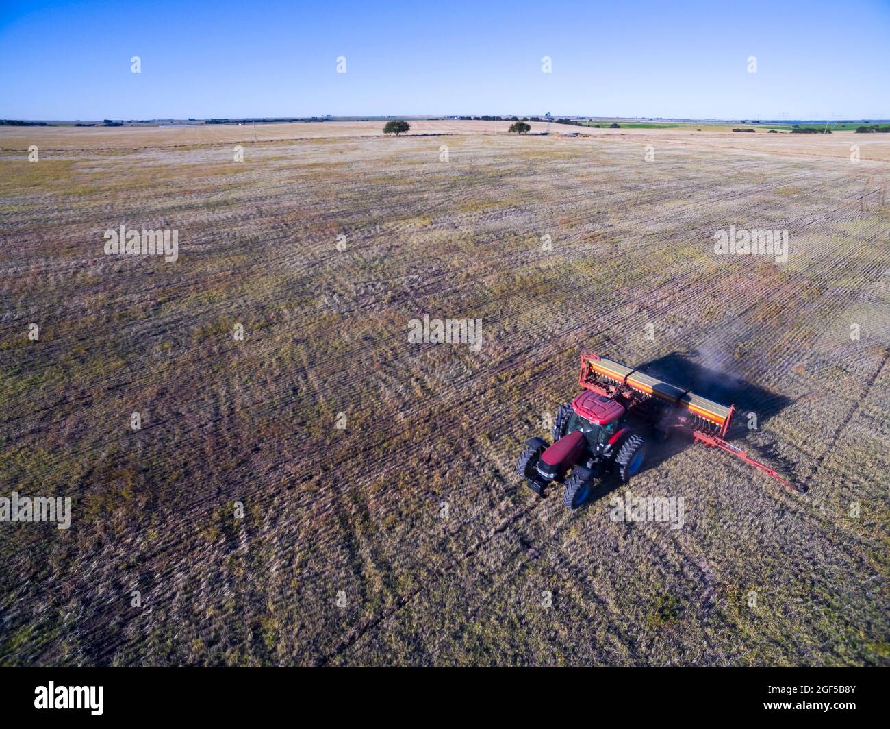 Aerial view of a tractor in direct sowing, in the Argentine field, La ...