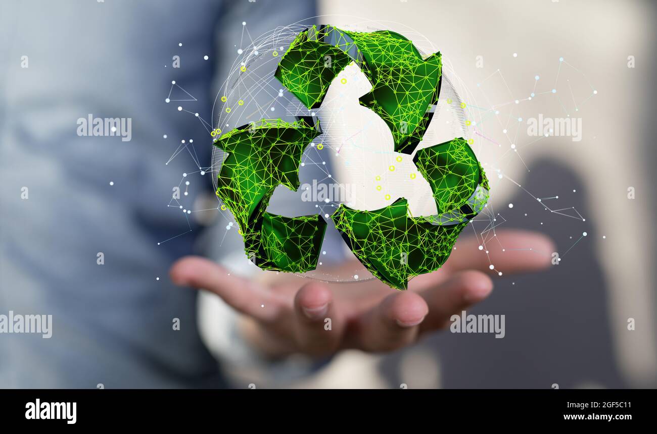 Person presenting a 3D render of recycling symbol - environmental ...