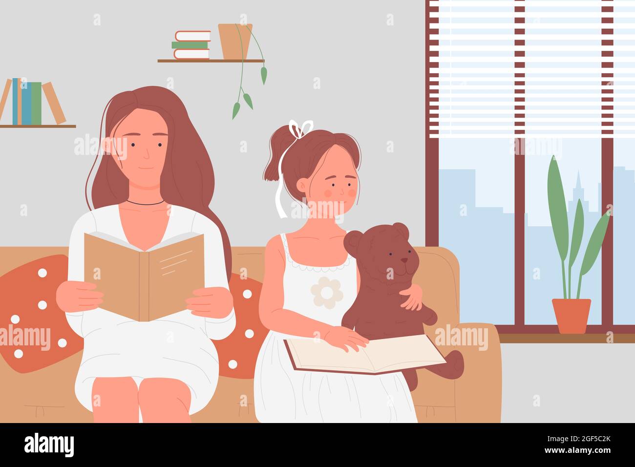 Mother and child read book together at home, fun family time and happy ...