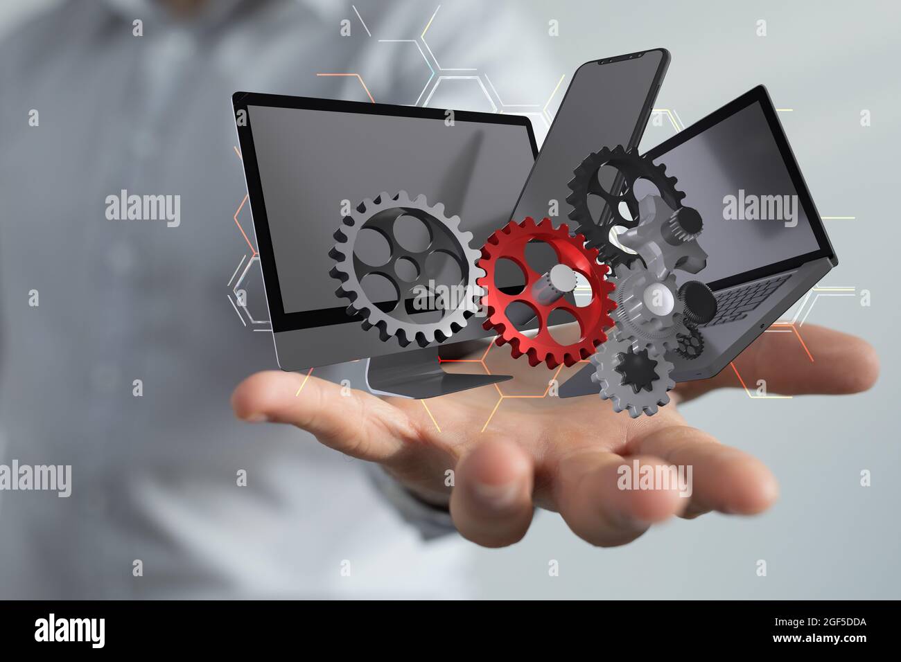 Person presenting the virtual projection of computing technology Stock ...