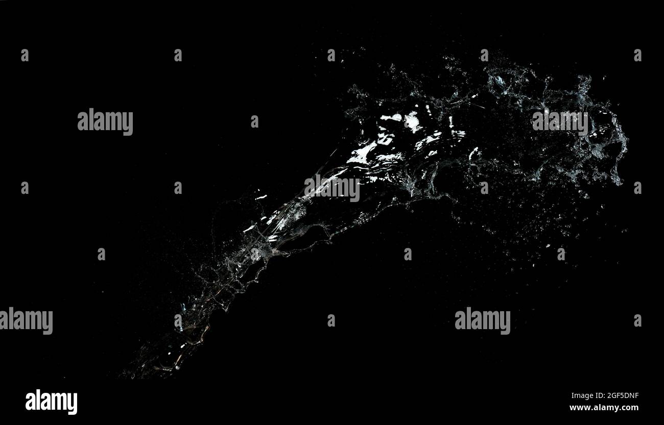 long stream of fresh transparent water isolated on black background ...