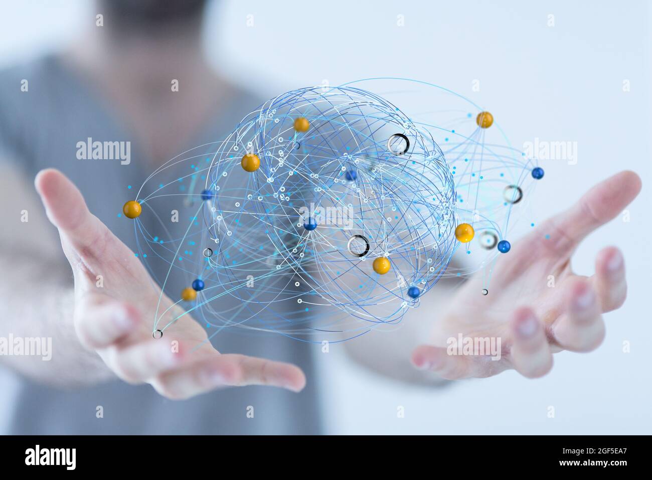 Person presenting the virtual projection of a digital network Stock ...