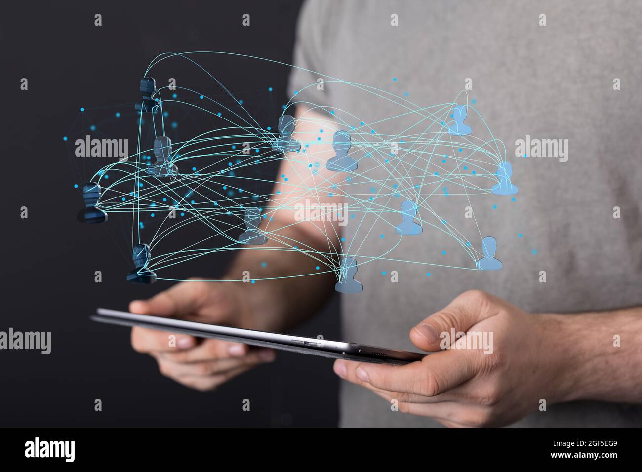 Person presenting the virtual projection of digital network Stock Photo ...