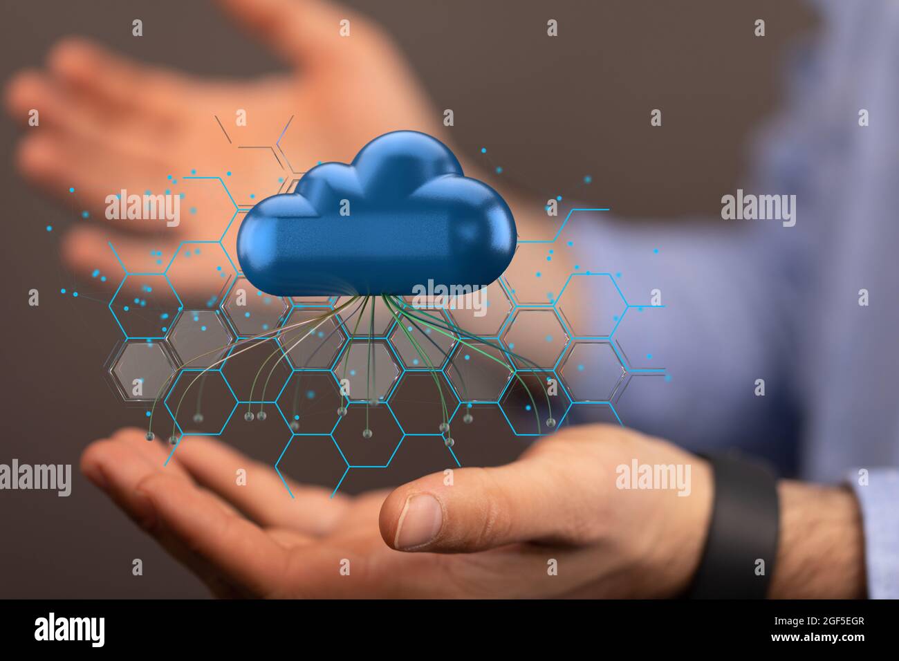 Person presenting the virtual projection of data cloud storage Stock ...