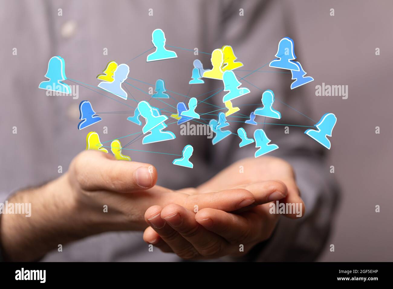 Person presenting the virtual projection of online people network Stock ...