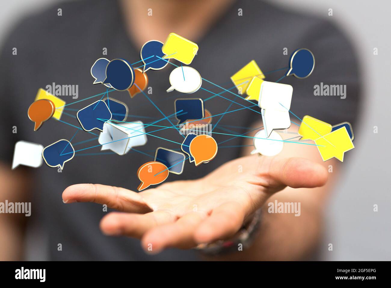 Person presenting the virtual projection of communication bubbles Stock ...