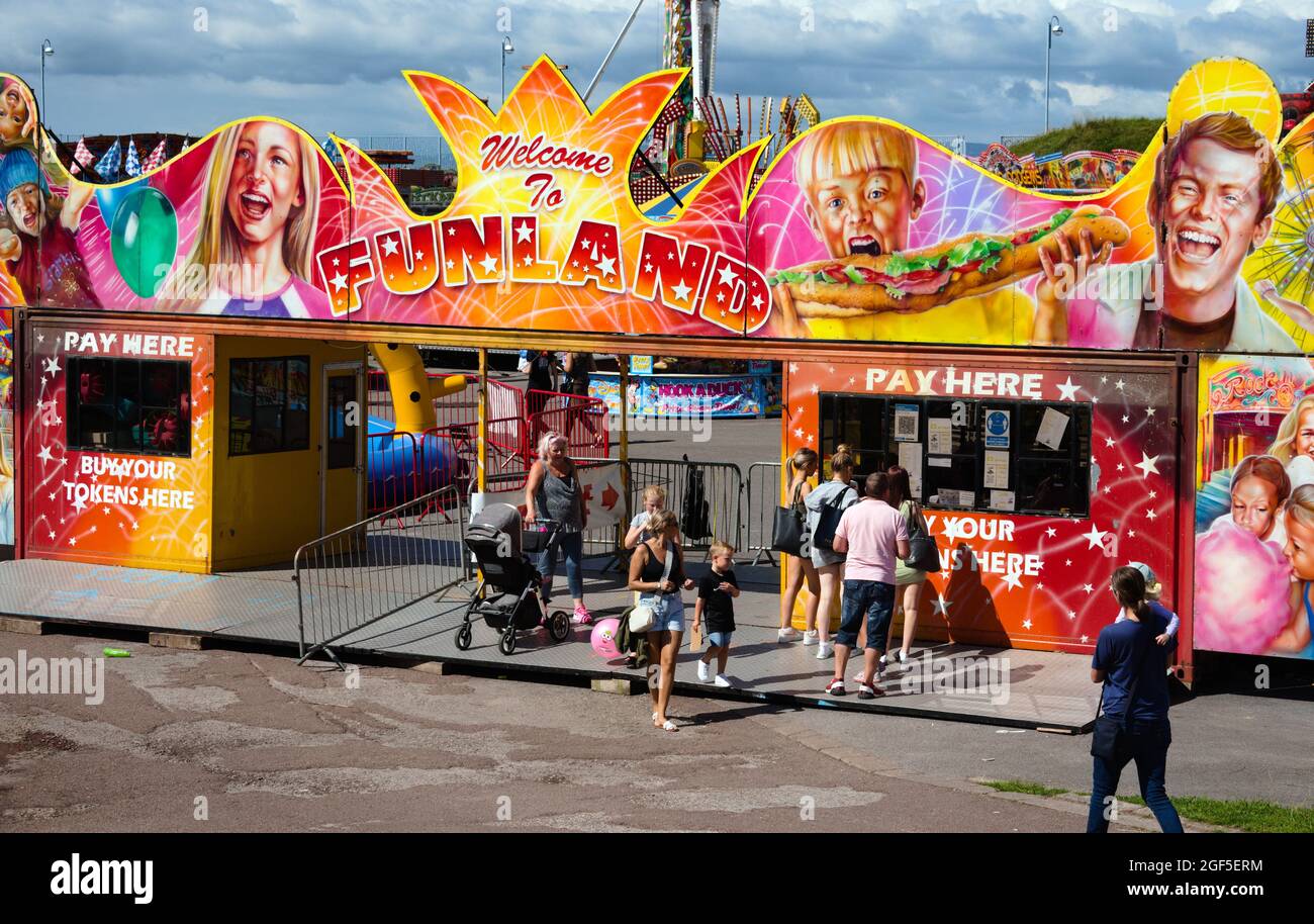 Entrance to a funfair 'Funland' at Morecambe seaside resort, Lancashire ...