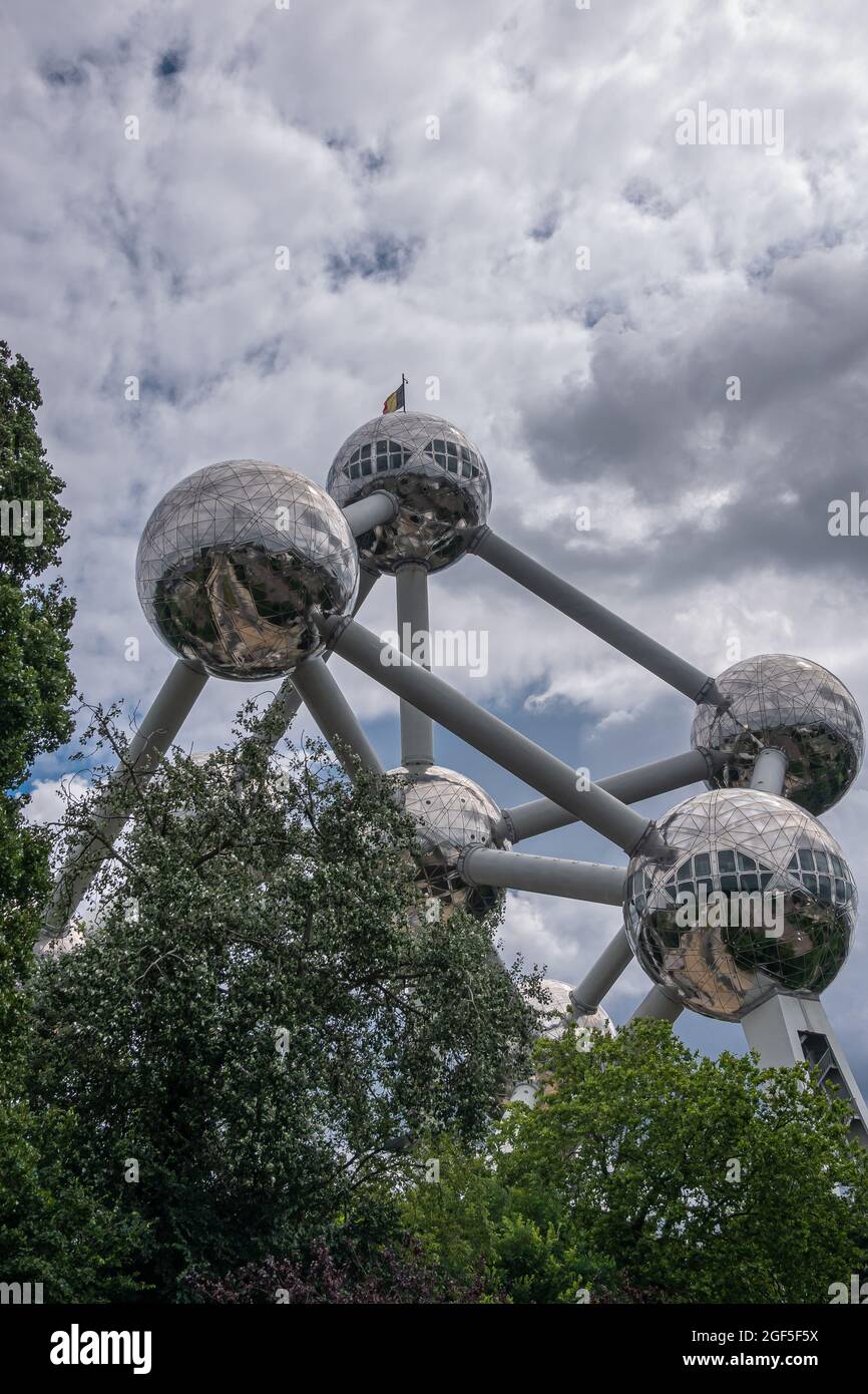 Brussels, Belgium - July 31, 2021: Top part of Atomium statue behind ...